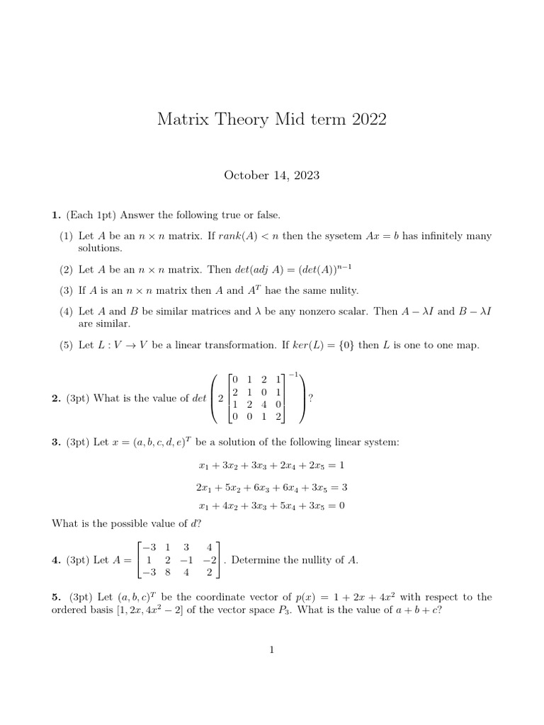 Matrix Theory 2022 Mid Term Kor | PDF | Linear Algebra | Algebra