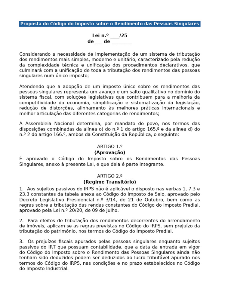 Proposta de Código Do Imposto Sobre o Rendimento Das Pessoas Singulares (IRPS) | PDF | Impostos ...