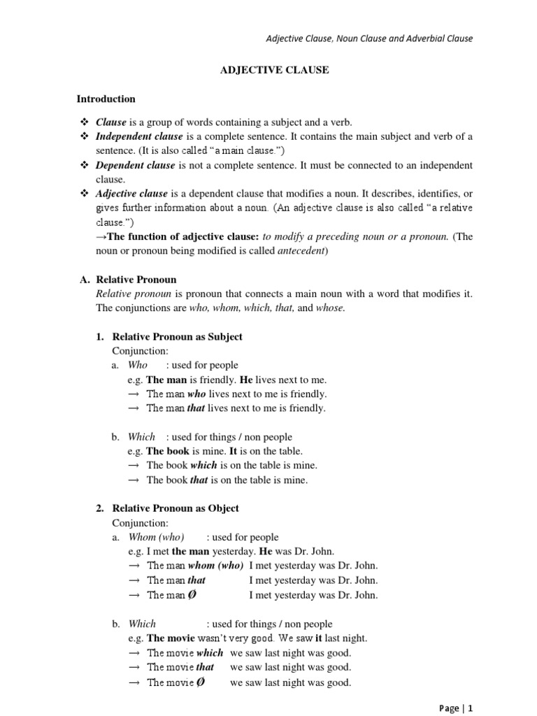 Noun Adjective Adverb Clause Examples Clauses Noun Clause/Adjective
