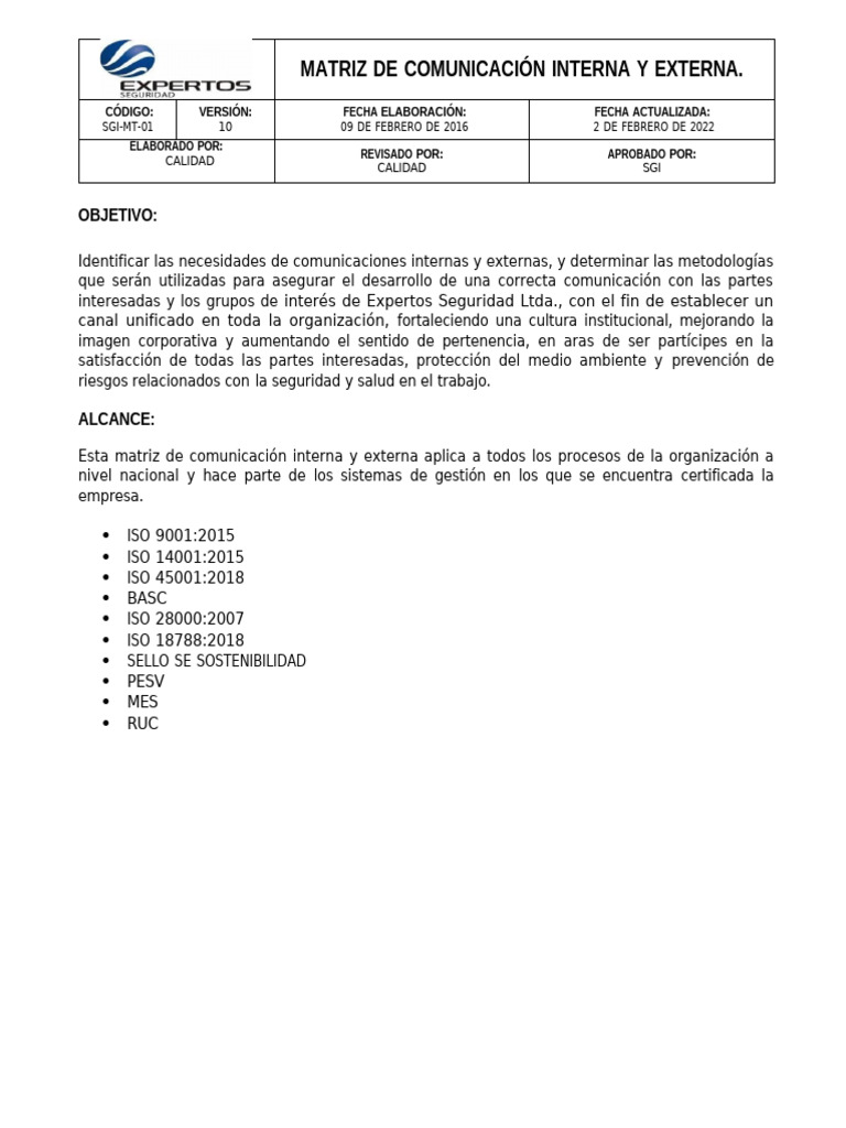 SGI MT 01 Matriz de Comunicacion Interna y Externa | PDF | Logística ...