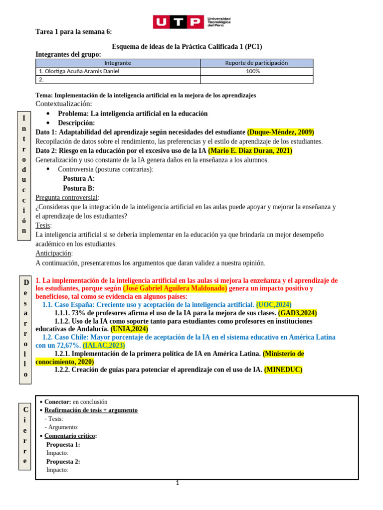 Semana 06 TAREA 1. FORMATO ESQUEMA PC1 | PDF | Inteligencia artificial | Inteligencia (IA) y ...