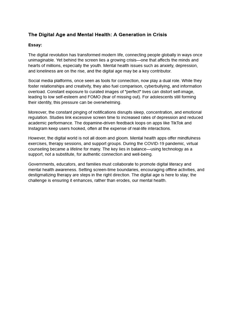 The Digital Age and Mental Health - A Generation in Crisis | PDF