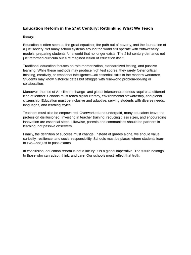 Education Reform in The 21st Century - Rethinking What We Teach | PDF