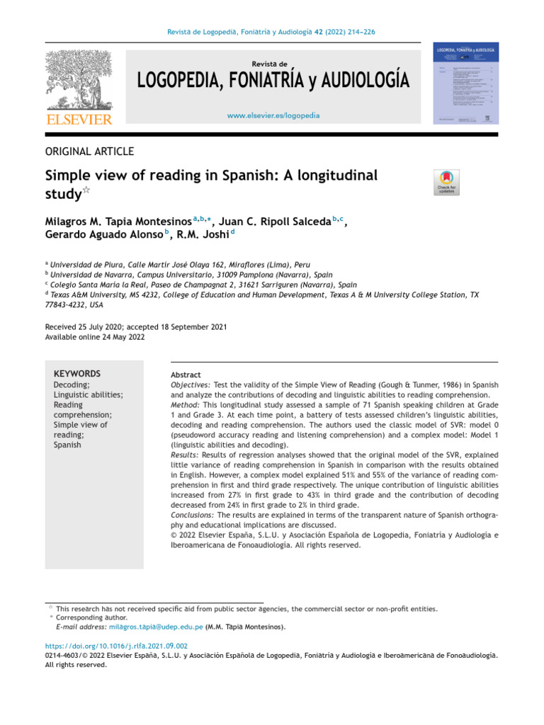 Simple View of Reading in Spanish - A Longitudinal Study | PDF ...