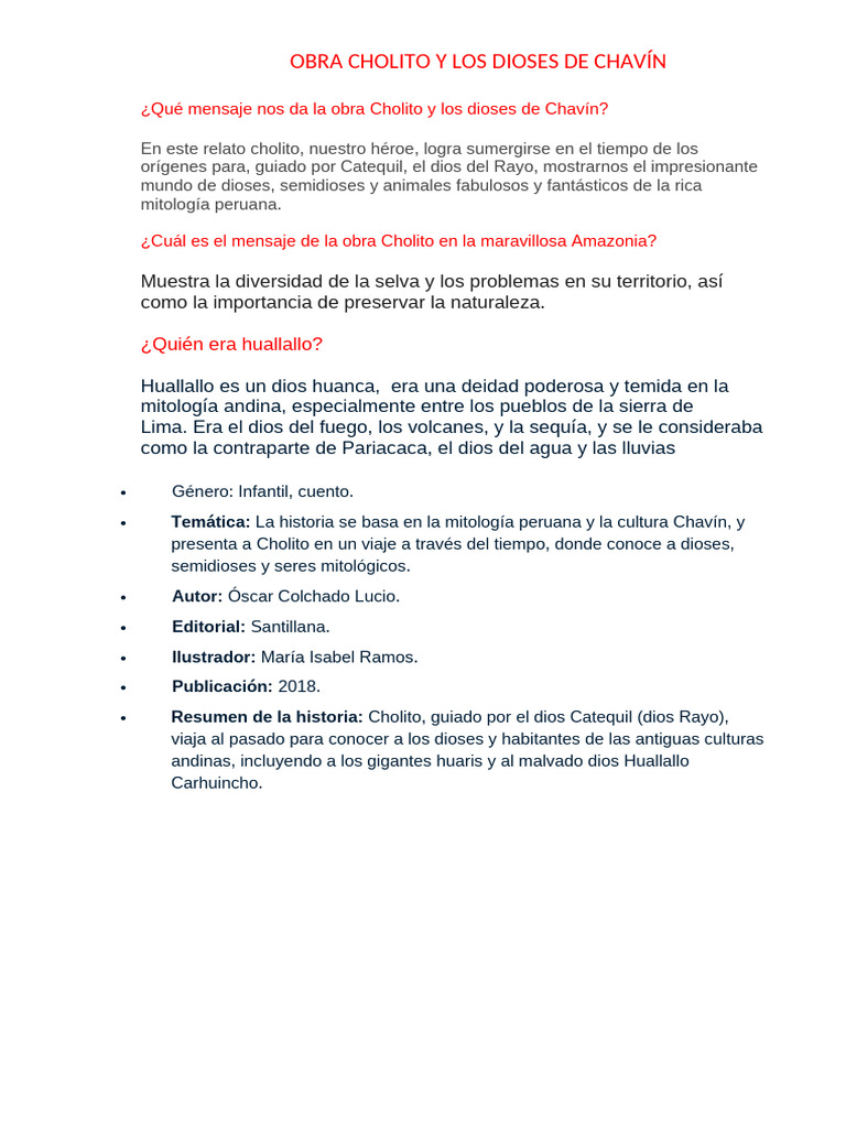 Cholito y los dioses de Chavín: Resumen | PDF