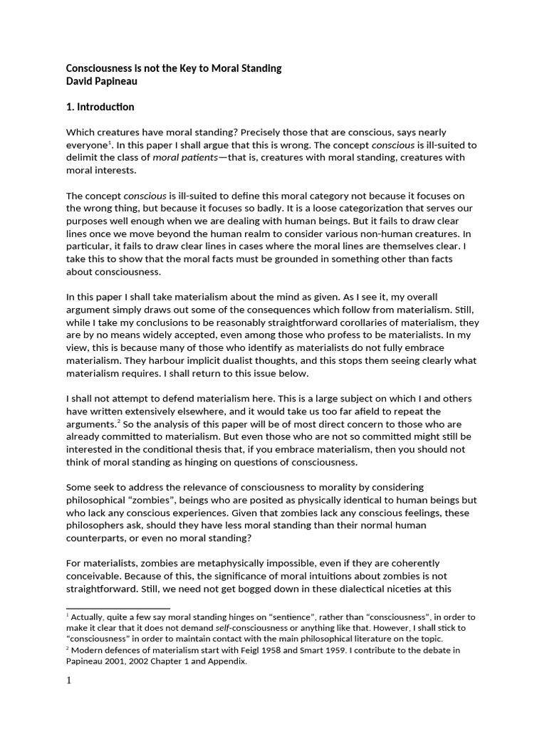 Papineau, D. (2024) Consciousness Not Key Final Draft | PDF | Consciousness | Cerebral Cortex