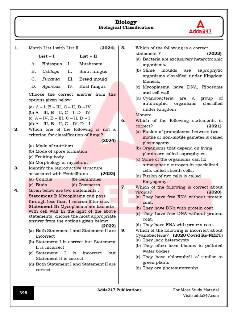 Biological Classification Sample Paper | PDF | Fungus | Cell (Biology)