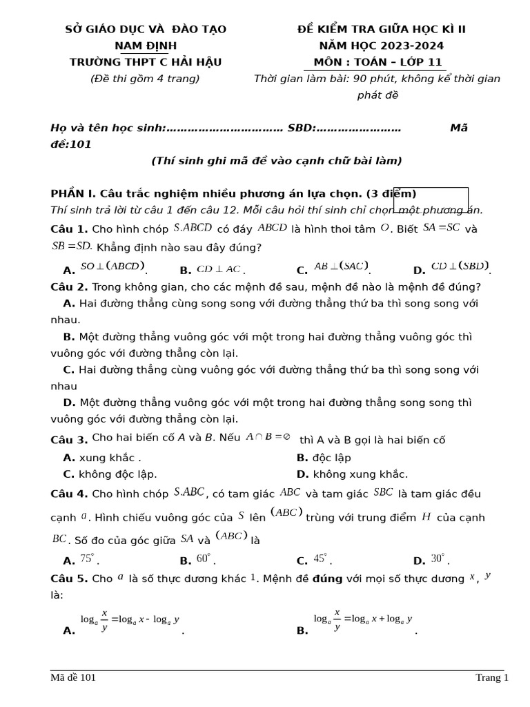 De Giua Hoc Ky 2 Toan 11 Nam 2023 2024 Truong THPT C Hai Hau Nam Dinh | PDF