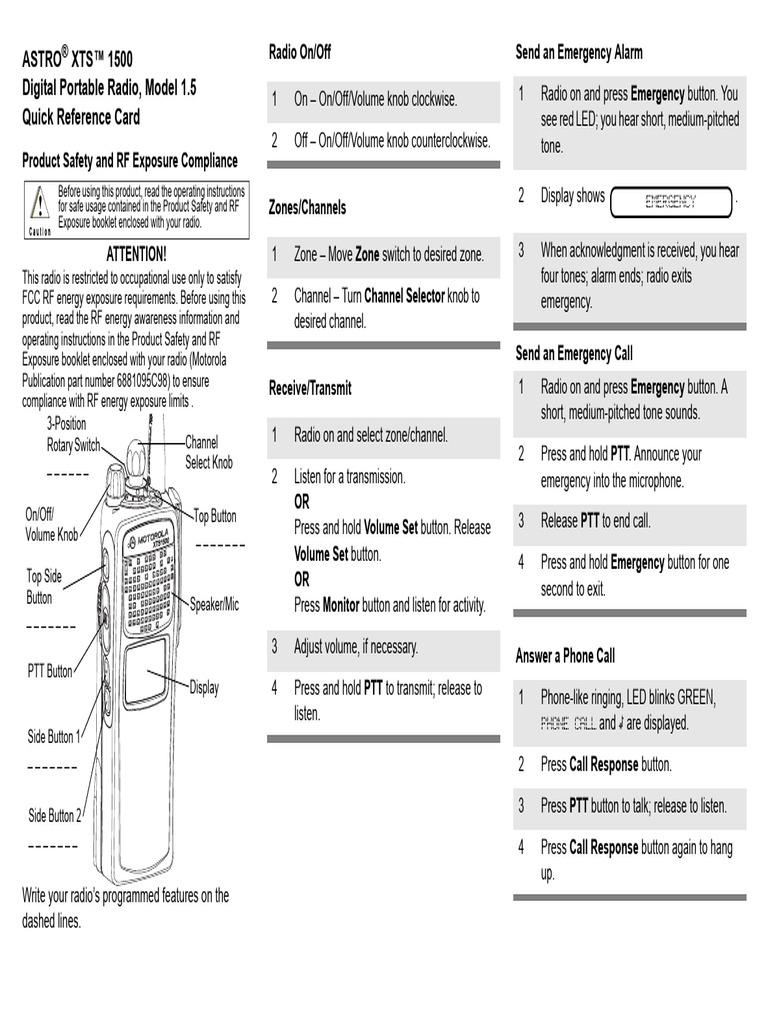 Astro XTS™ 1500 Digital Portable Radio, Model 1.5 Quick Reference Card ...