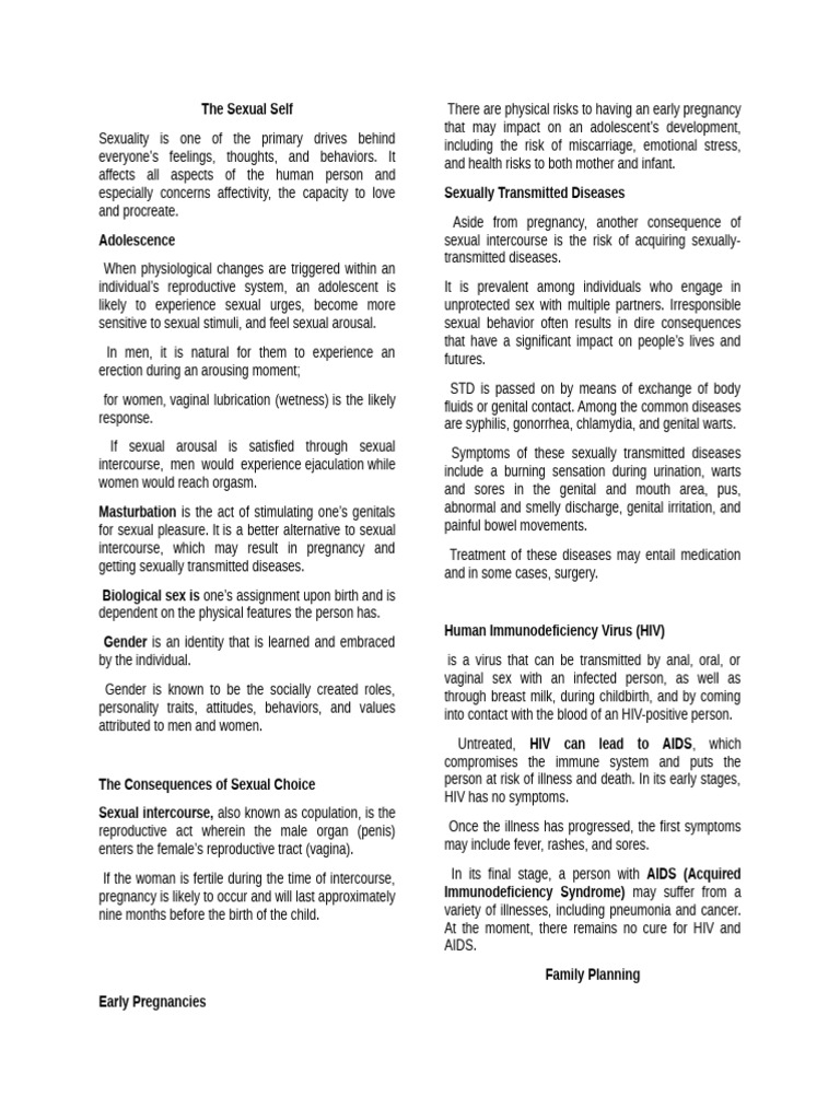 Topic 8 The Sexual Self Handout Pdf Sexual Intercourse Hiv Aids
