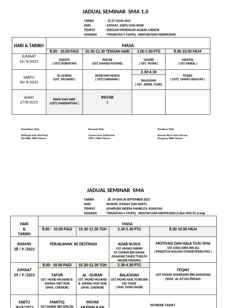 JADUAL SEMINAR SMA | PDF