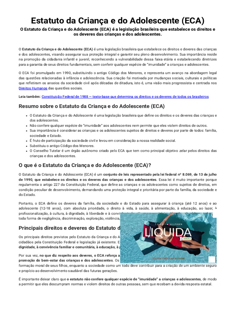 Estatuto da Criança e Adolescente: ECA | PDF | Adolescência | Família