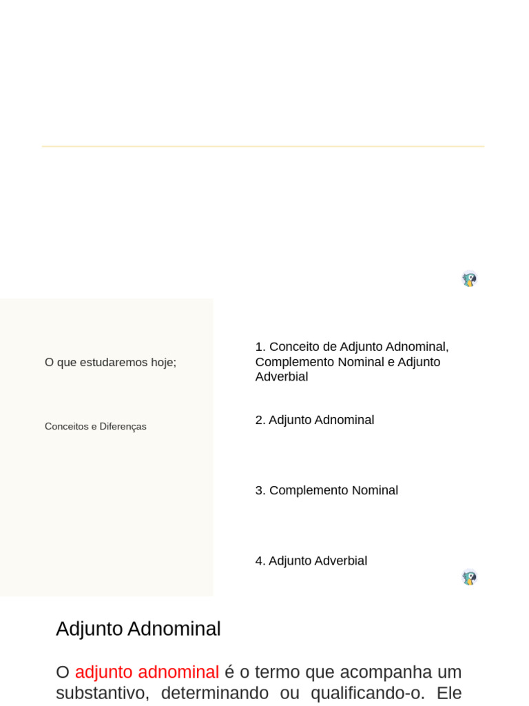 Adjunto Adnominal, Complemento Nominal e Adjunto Adverbial - Slide | PDF | Advérbio | Substantivo