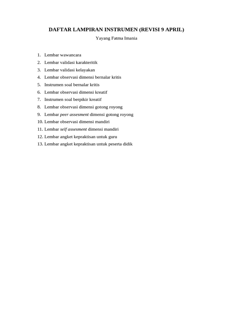 Daftar Lampiran Instrumen | PDF