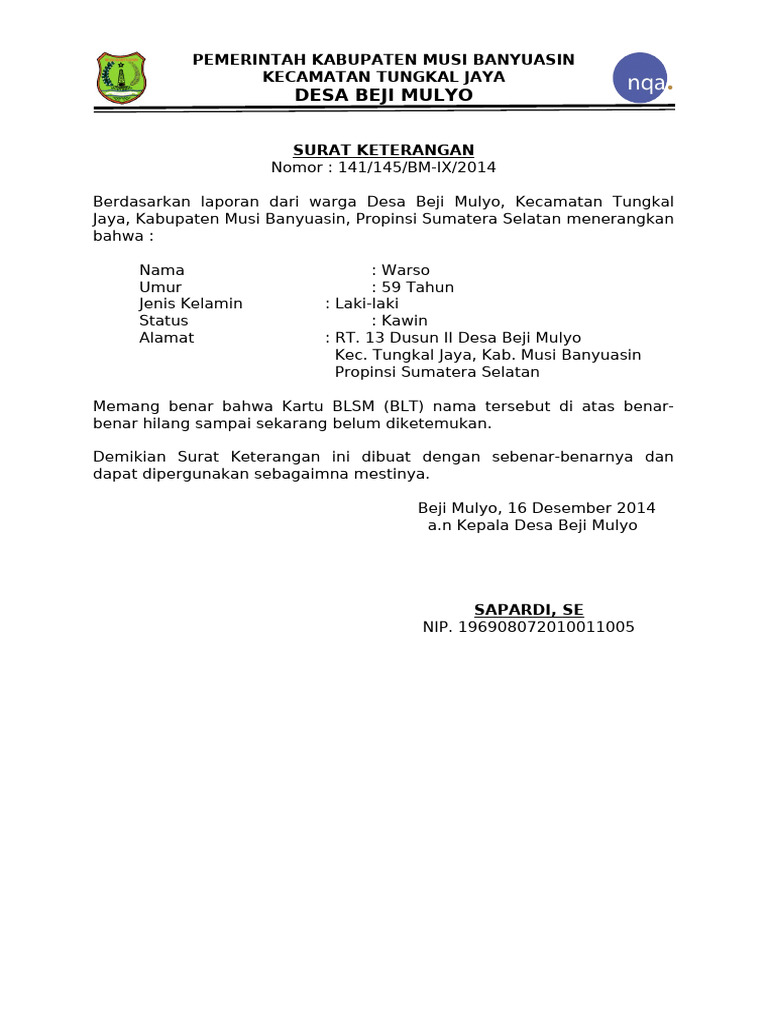 Surat Keterangan BLT | PDF