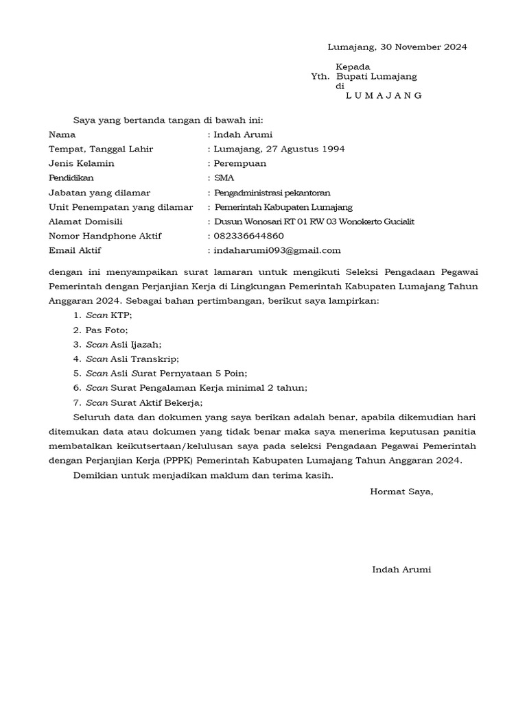 FORMAT LAMARAN PPPK 2024 Indah | PDF