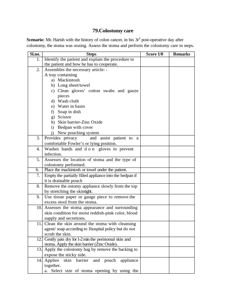 Checklist 79. Colostomy Care | PDF | Medical Specialties