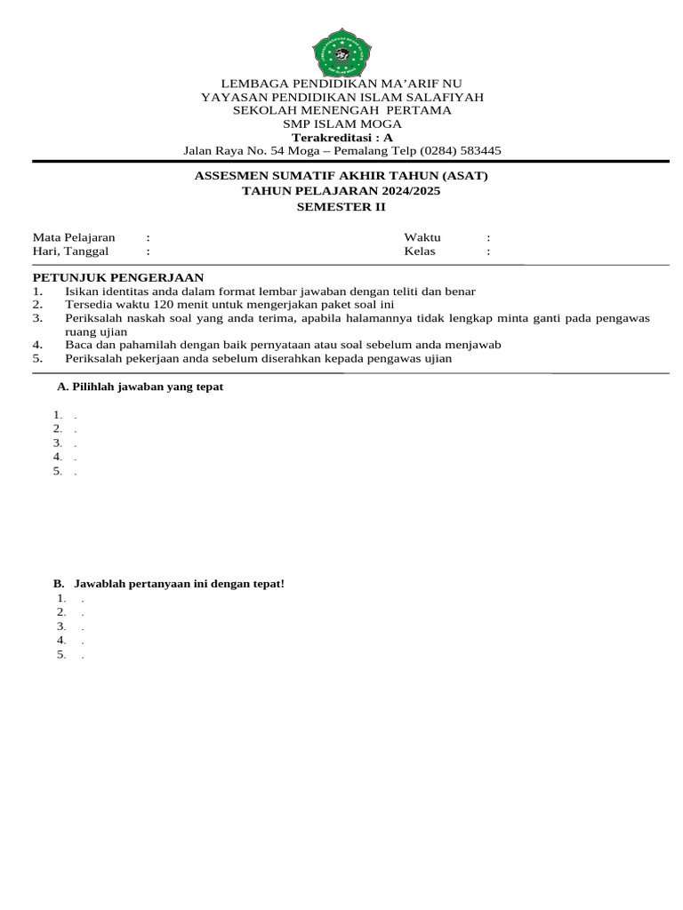 Kop Soal Asat Kelas 7&8 | PDF