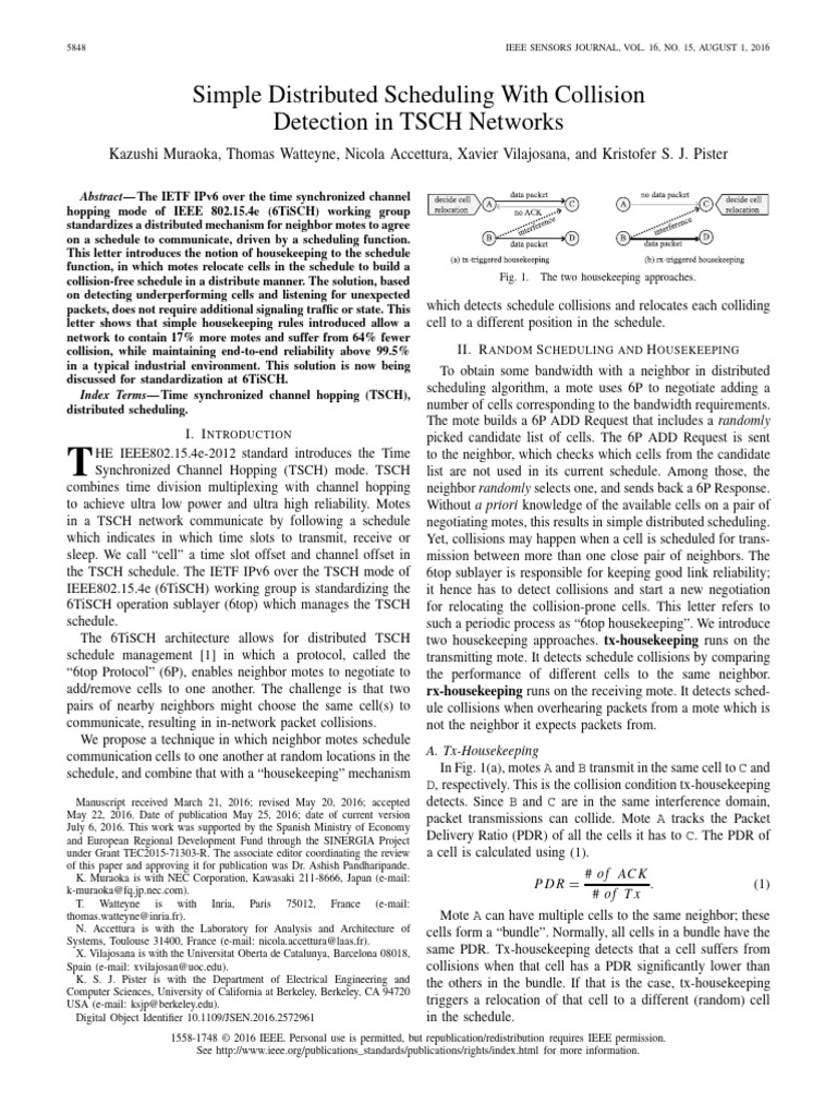 Simple Distributed Scheduling With Collision Detection In Tsch Networks Pdf Computer