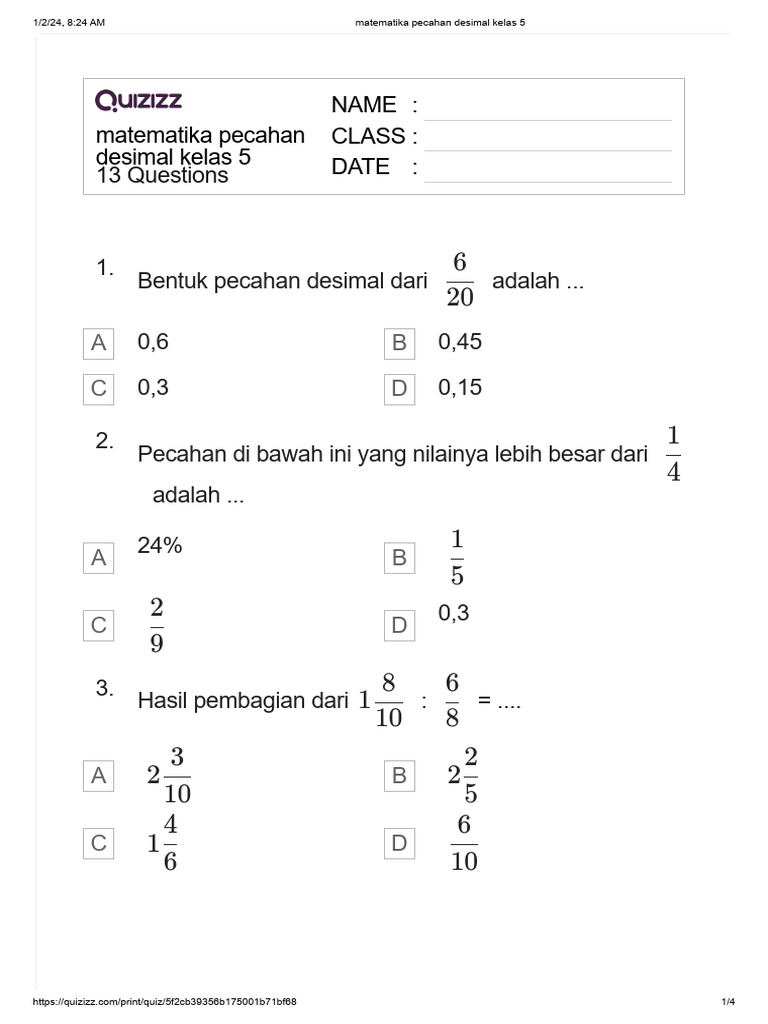 Asesment Awal MM Materi Desimal Kelas 5 | PDF