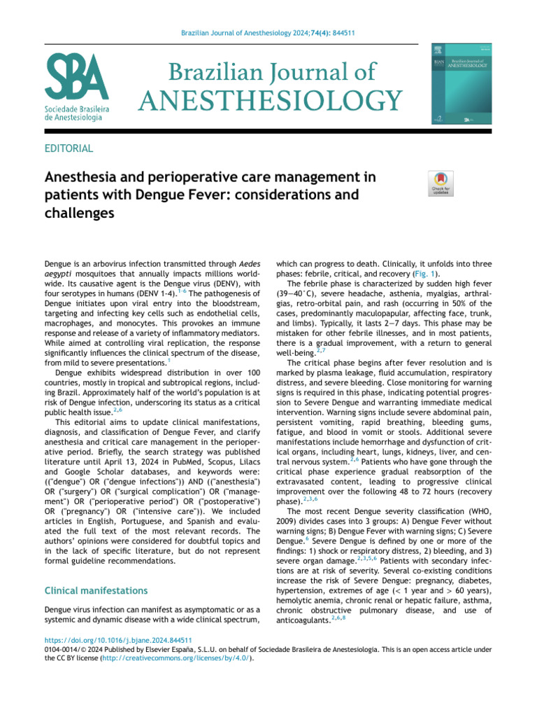 Anesthesia and Perioperative Care Management in Dengue Fever | PDF ...