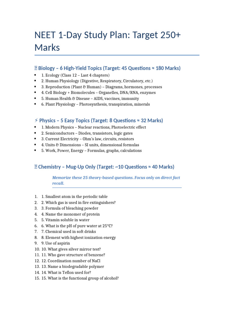 NEET 1-Day Study Plan for 250+ Marks | PDF