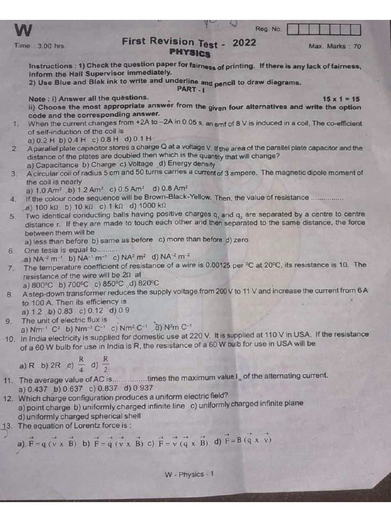 12th Physics EM - Question Paper For 1st Revision Test 2022 - English ...
