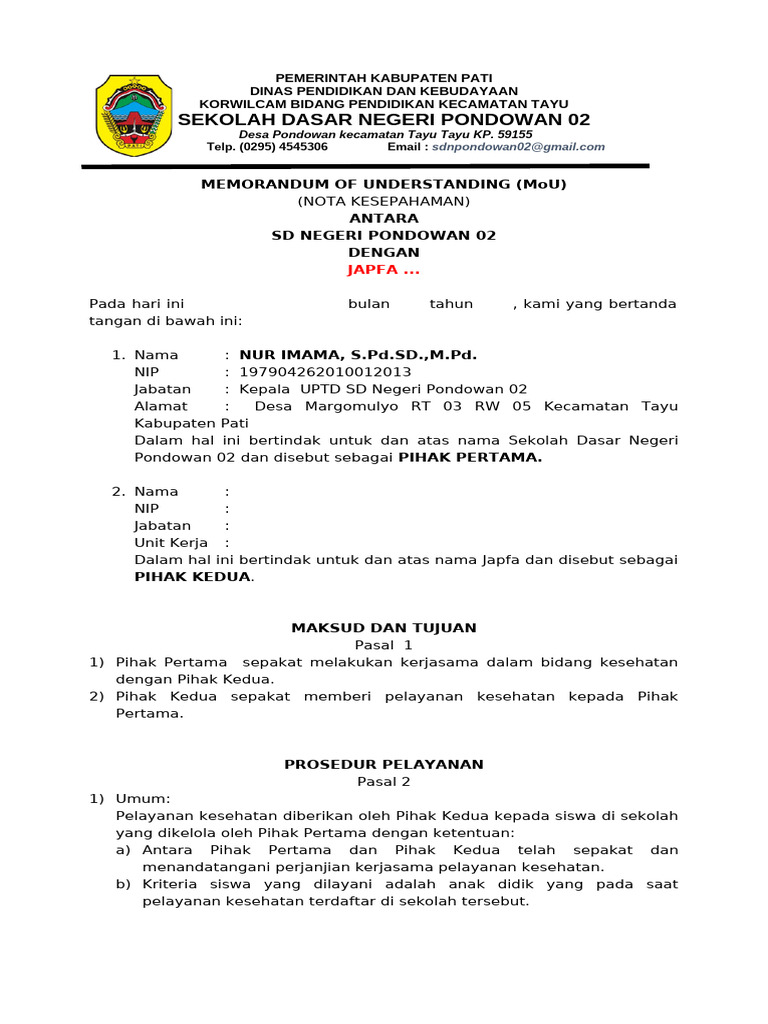 MoU Kerjasama Kesehatan SDN Pondowan 02 | PDF