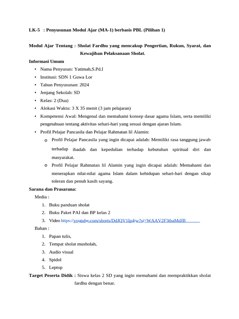 Modul Ajar PBL Sholat Fardhu Mix Lampiran | PDF