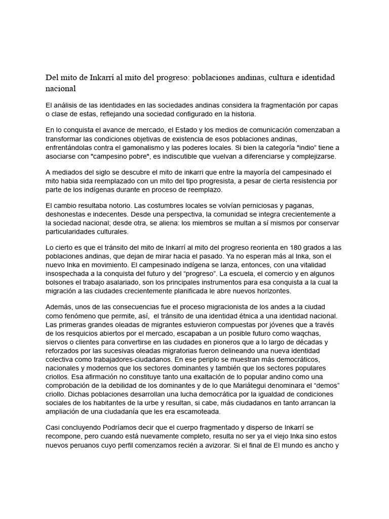 Mito de Inkarri. Antropologia Peruana | PDF | Sociedad | Campesino