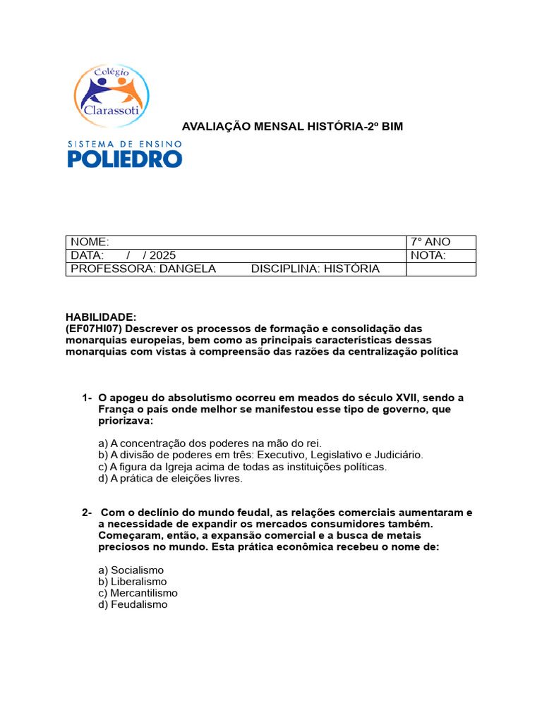 7°ef, Ava Mensal1 Bim - História | PDF | Mercantilismo | Feudalismo