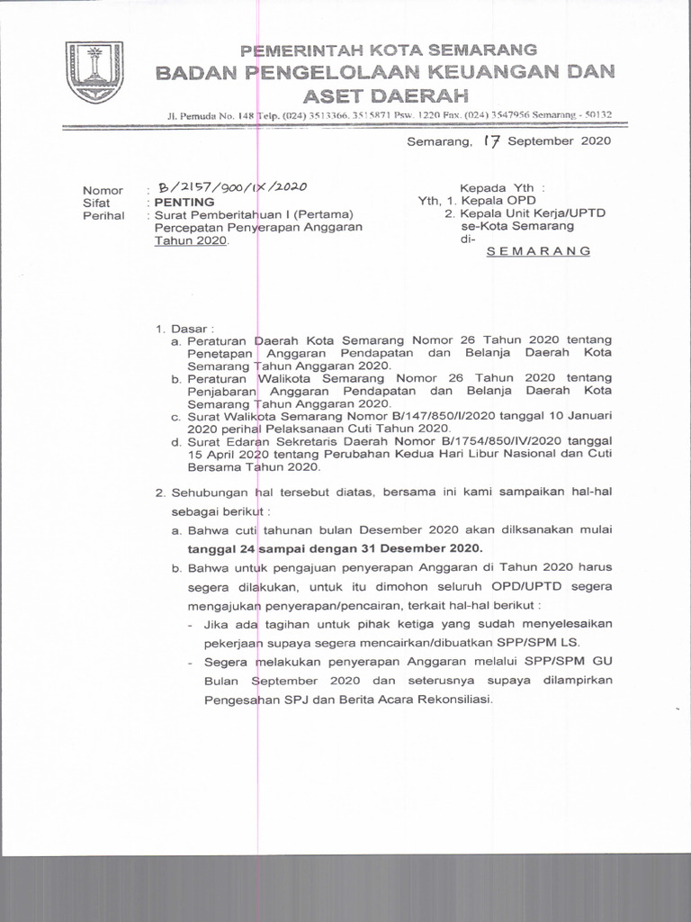 Surat Pemberitahuan I Percepatan Penyerapan Anggaran TA 2020. | PDF