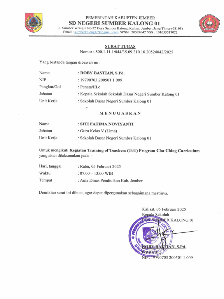Surat Tugas_Kegiatan Training of Teacher (ToT) Program Cha-Ching Curriculum | PDF