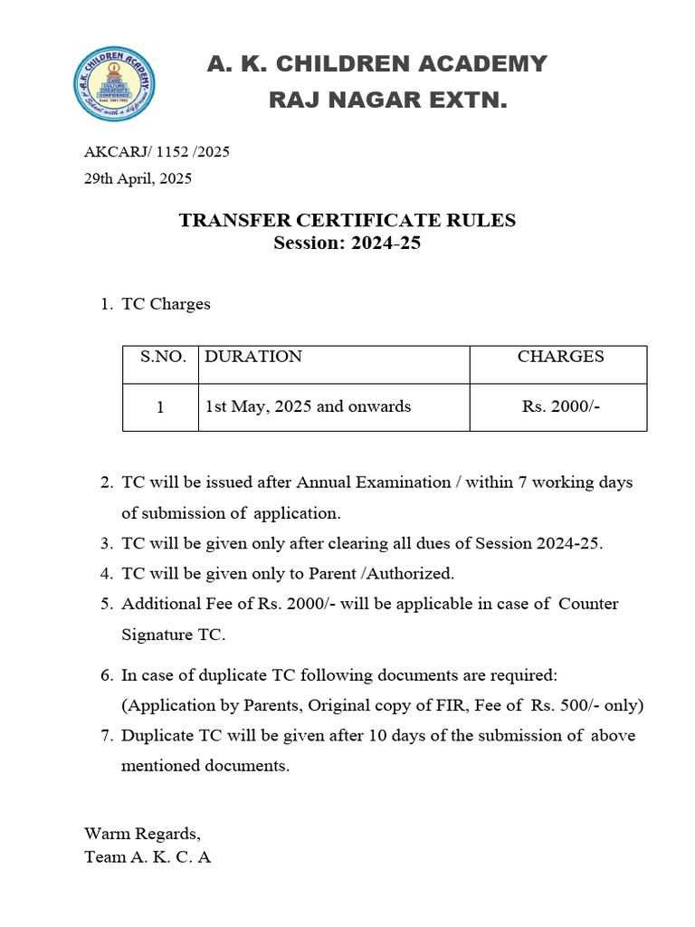 T C Rules and Charges 2024-25 (May) | PDF