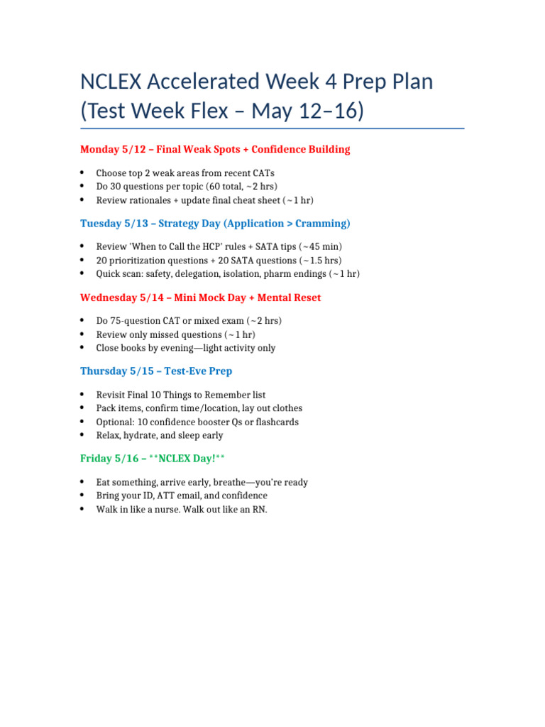 NCLEX Accelerated Week4 May12-16 Plan | PDF