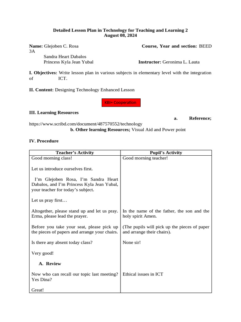 Detailed Lesson Plan in Technology For Teaching and Learning 2 | PDF ...