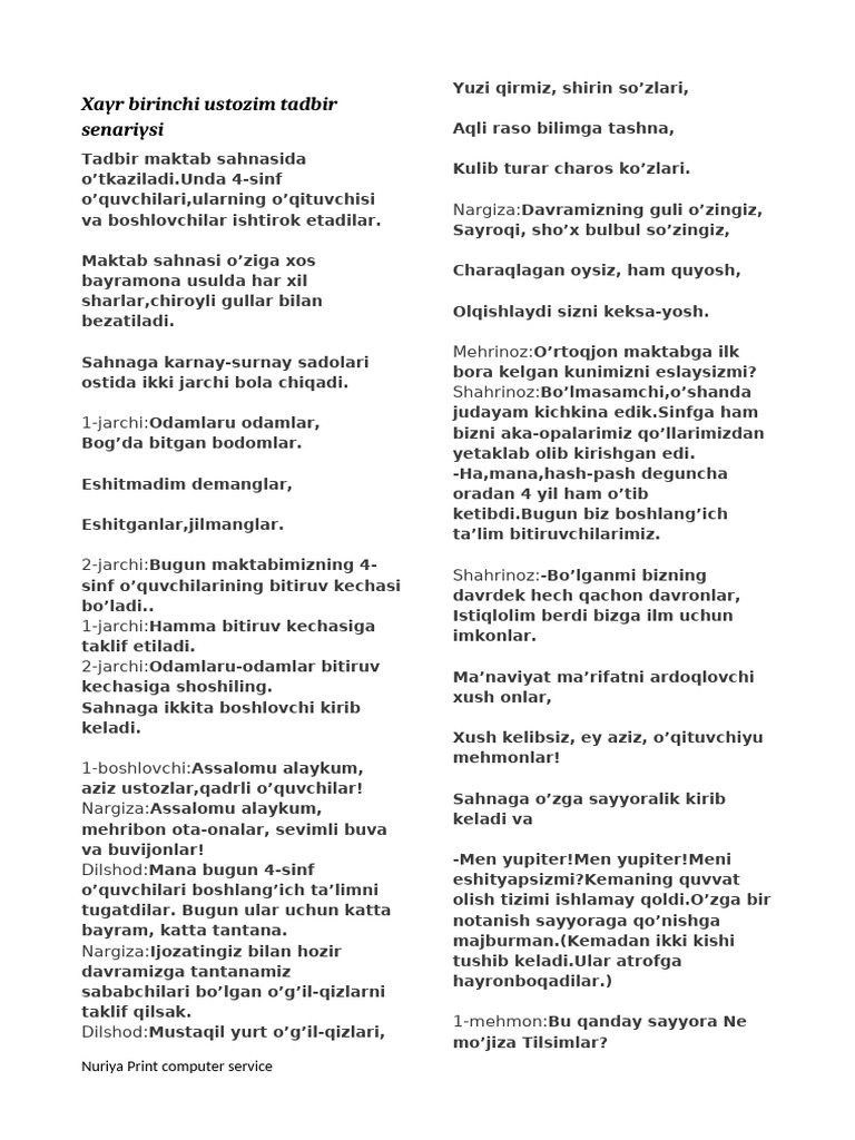 4sinf Oquvhilarining Bitiruv Kechasi Ssenariysi | PDF