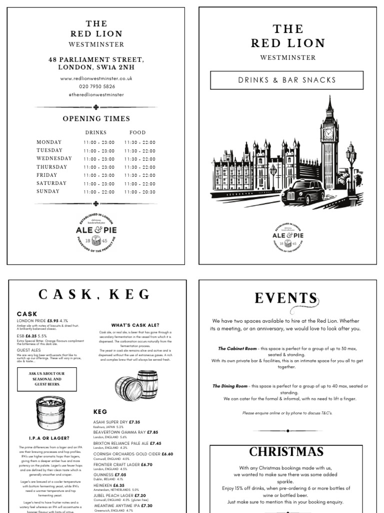 Red Lion Westminster Drink Menu | PDF | Ale | Brewing