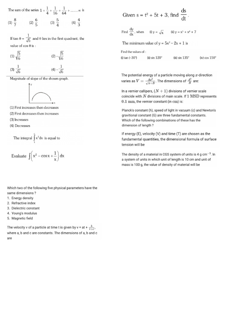 Class 11 Basic Maths & Dimension Test | PDF