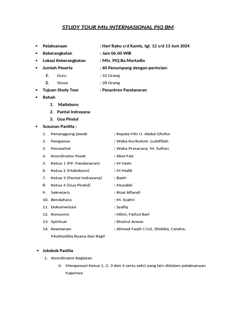 Rencana Study Tour 2024 PIQ BM | PDF