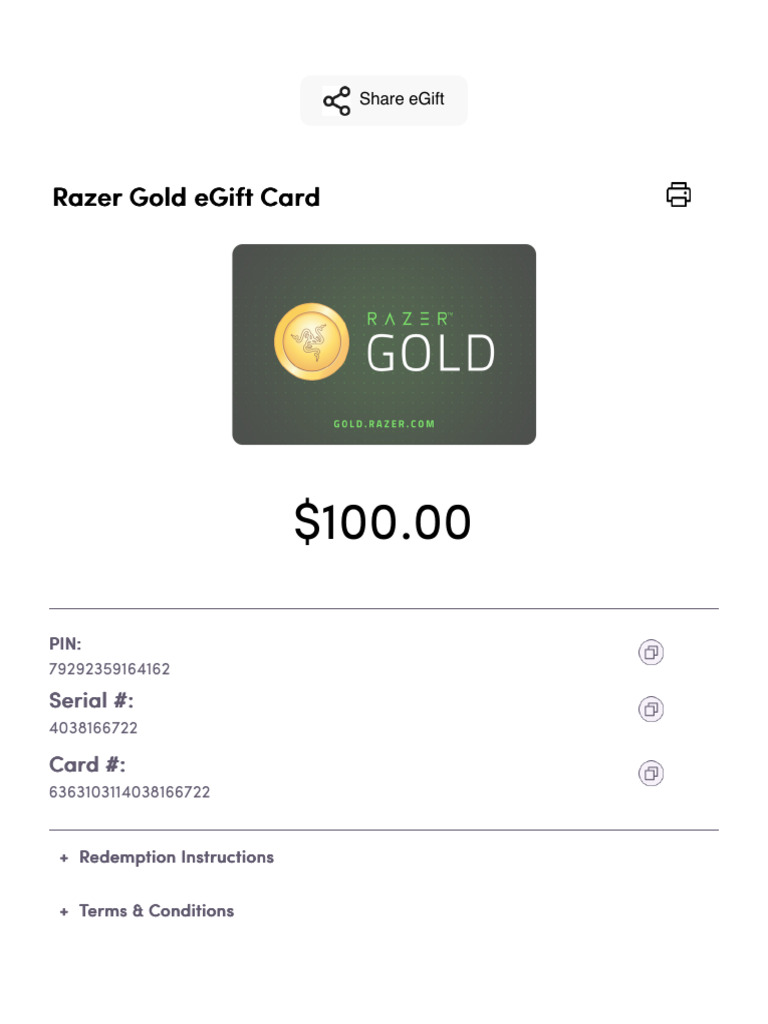 Your Razer Gold Egift Card 2 | PDF