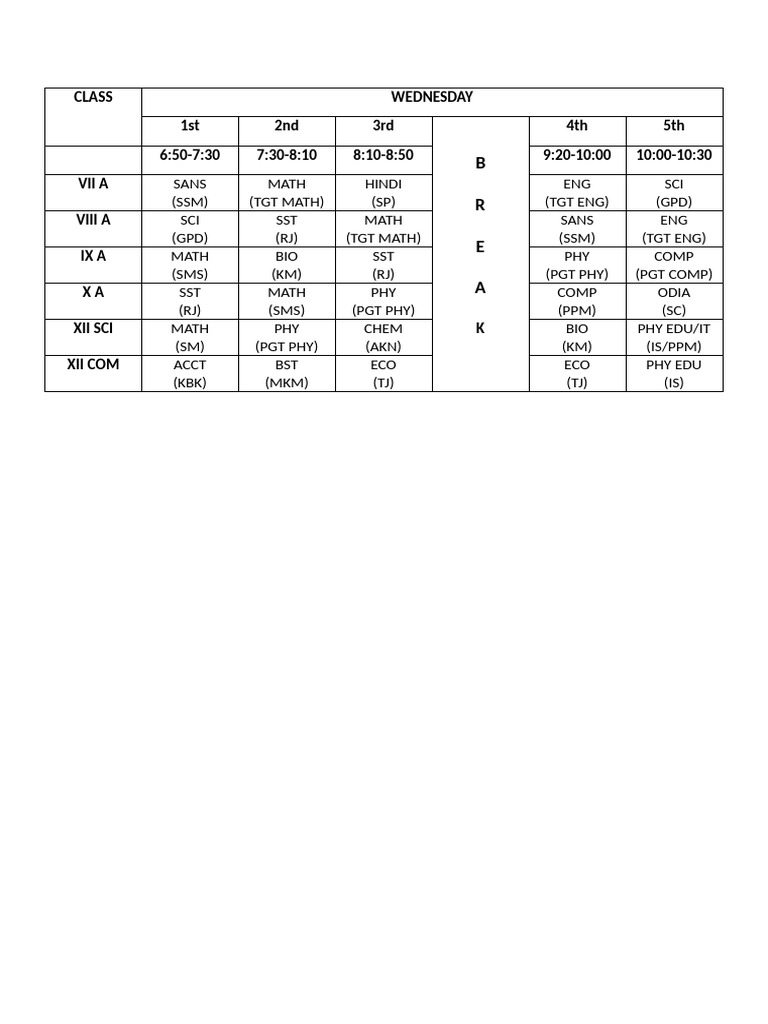 Online Class Time Table (Wednesday) | PDF
