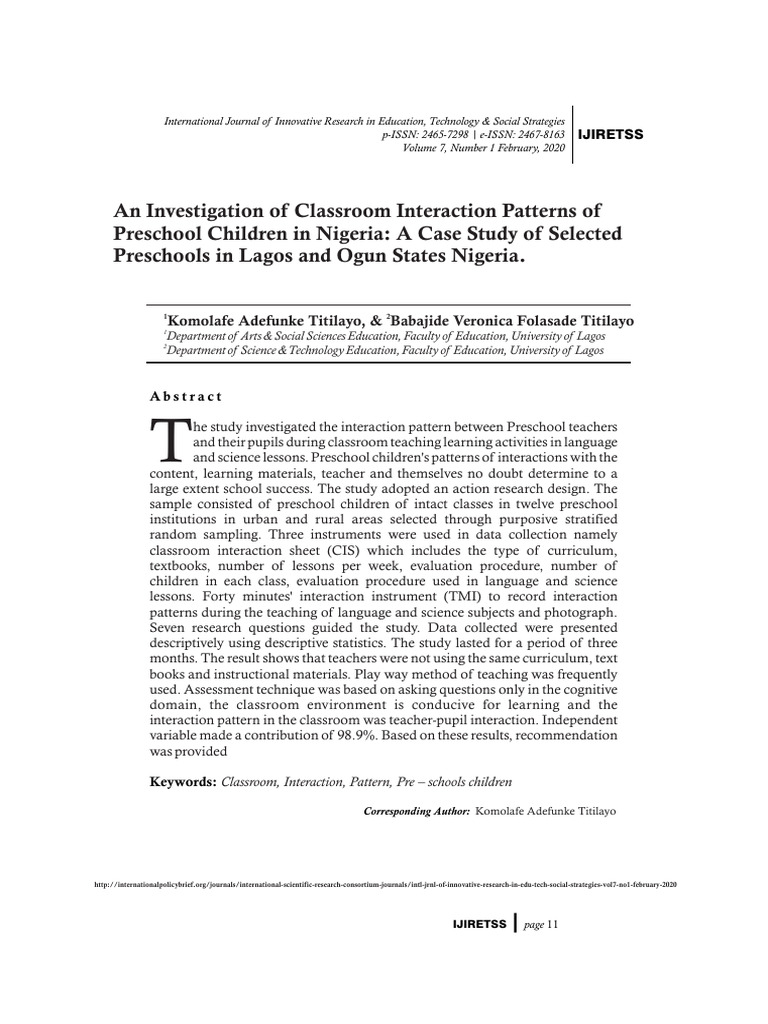 An Investigation of Classroom Interaction Patterns of Preschool ...