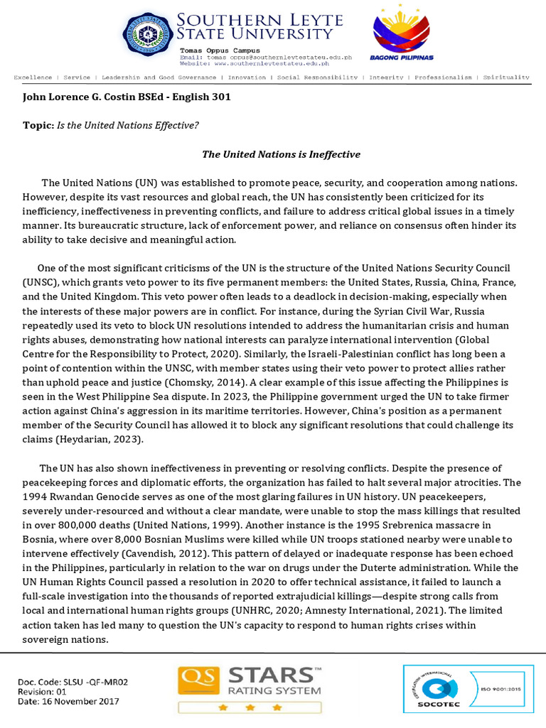 Position Paper - Is The United Nation Effective | PDF | United Nations ...