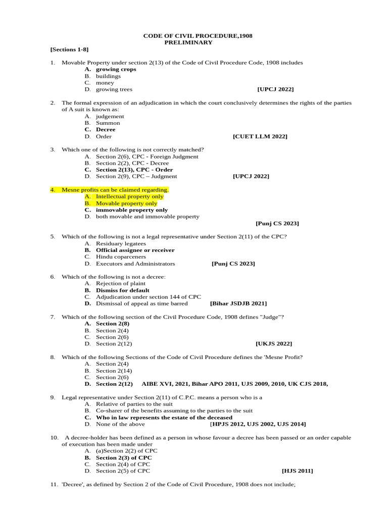 CPC 1517 Mcqs Previous Years (Updated & Corrected On 30-04-2025) | PDF | Lawsuit | Judgment (Law)