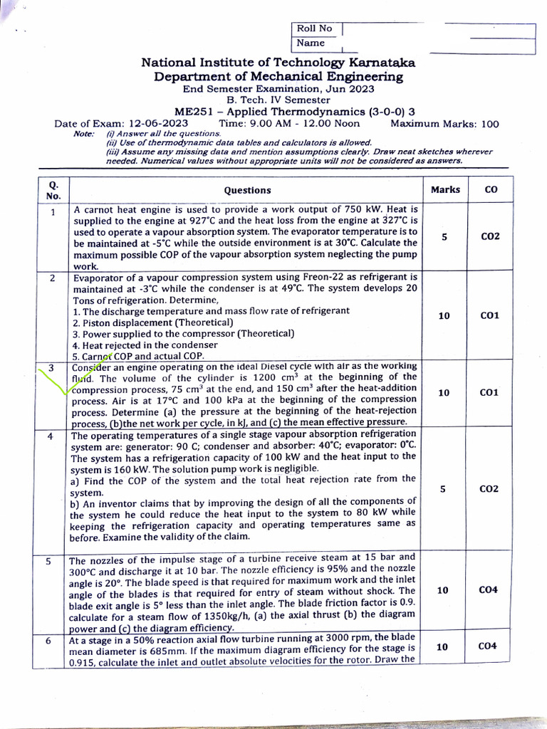 PYQ 4th Semester Endsem 2025 Batch | PDF | Turbine | Refrigeration
