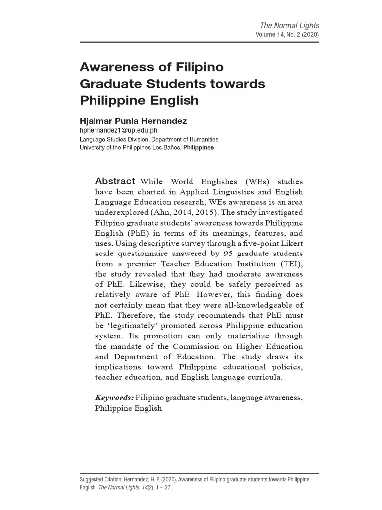 Awareness of Filipino Graduate Students Towards Philippine English ...