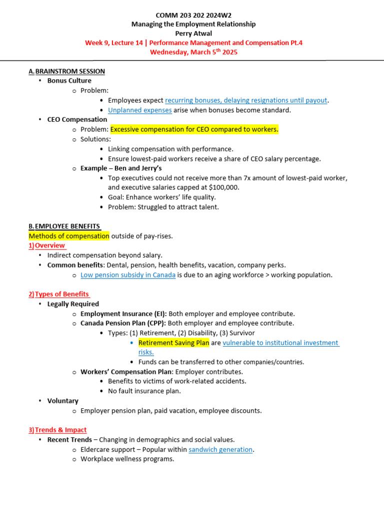 Lecture 14 - COMM 203 202 2024W2 | PDF | Employee Benefits | Employment