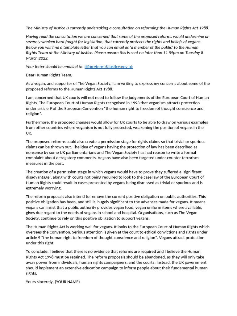 Human Rights Template Letter | PDF | Veganism | Human Rights