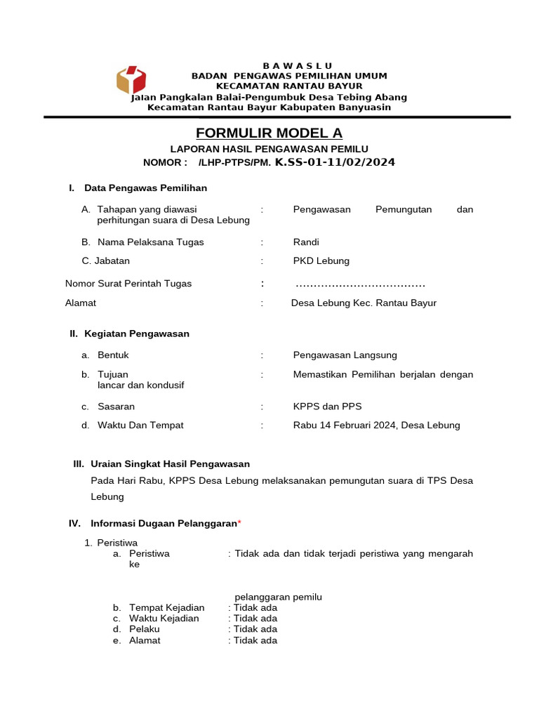 Form-A PKD - Pengawasan Dan Perhitungan Surat Suara | PDF